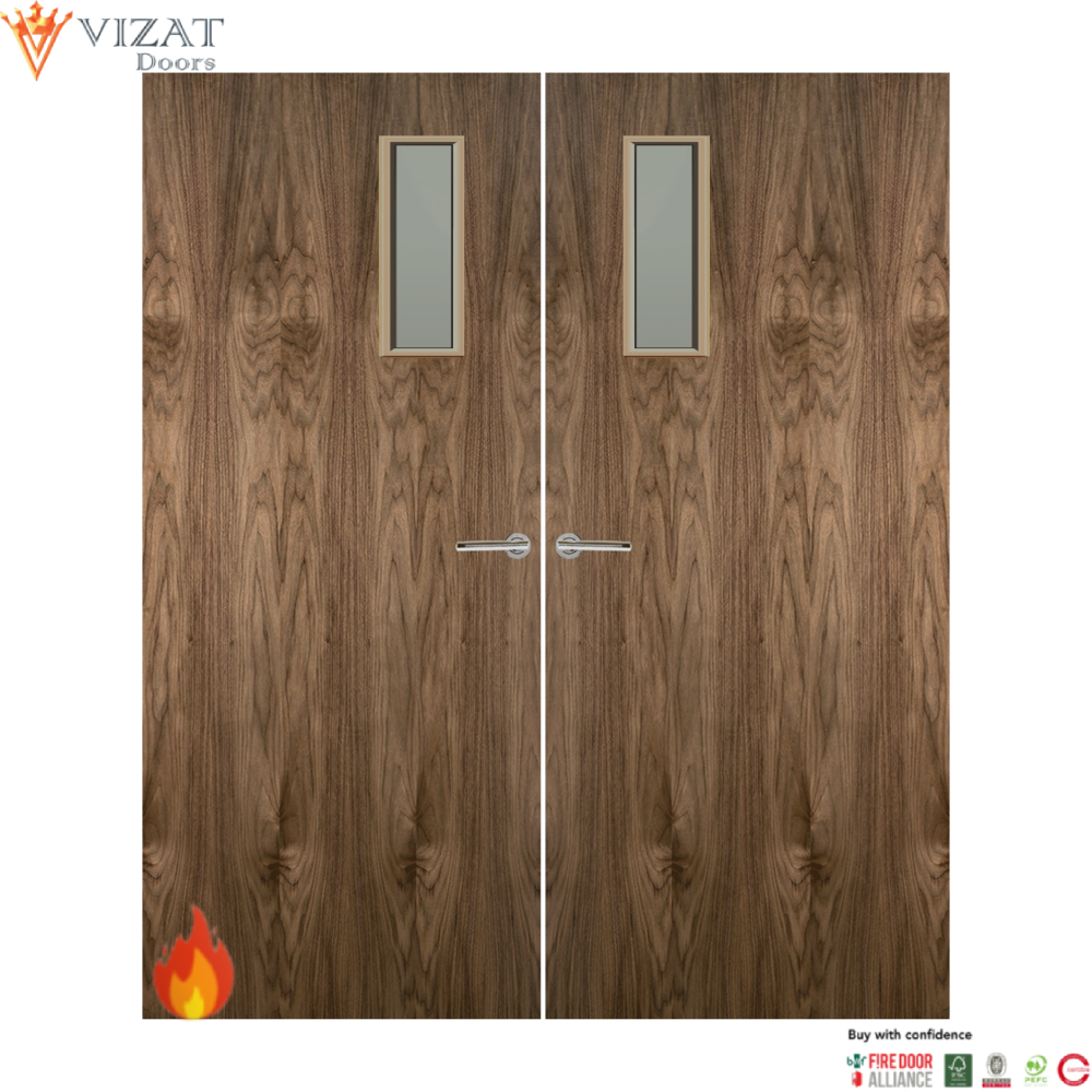 Walnut Veneer 4G Glazed Pair FD60 Internal Fire Door – Vizat Doors